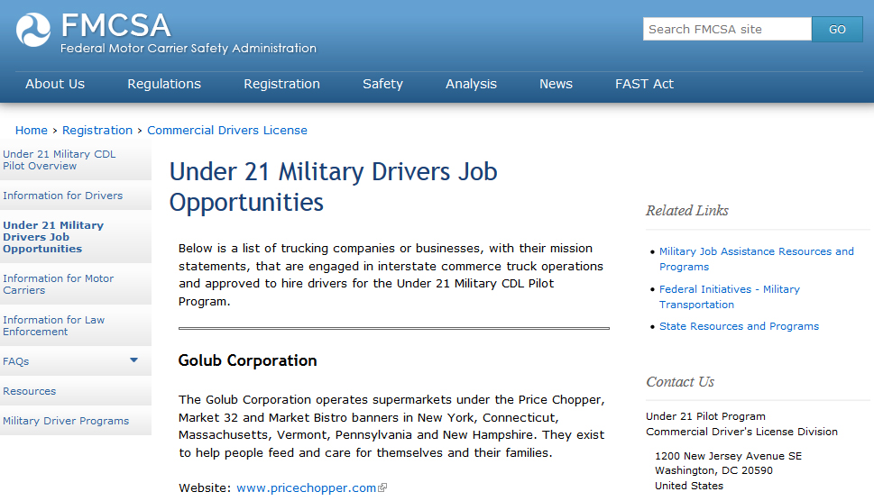 FMCSA website lists jobs for 18-20 year olds with military heavy truck ...